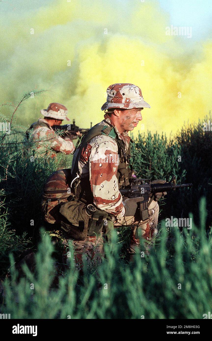 Smoke rises in the background as a member of Navy Sea-Air-Land (SEAL ...