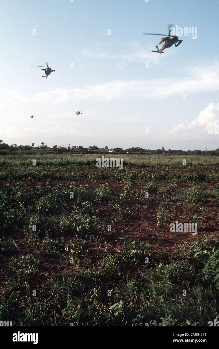 U. S. Army UH-60 Black Hawk helicopters fly a mission during the ...