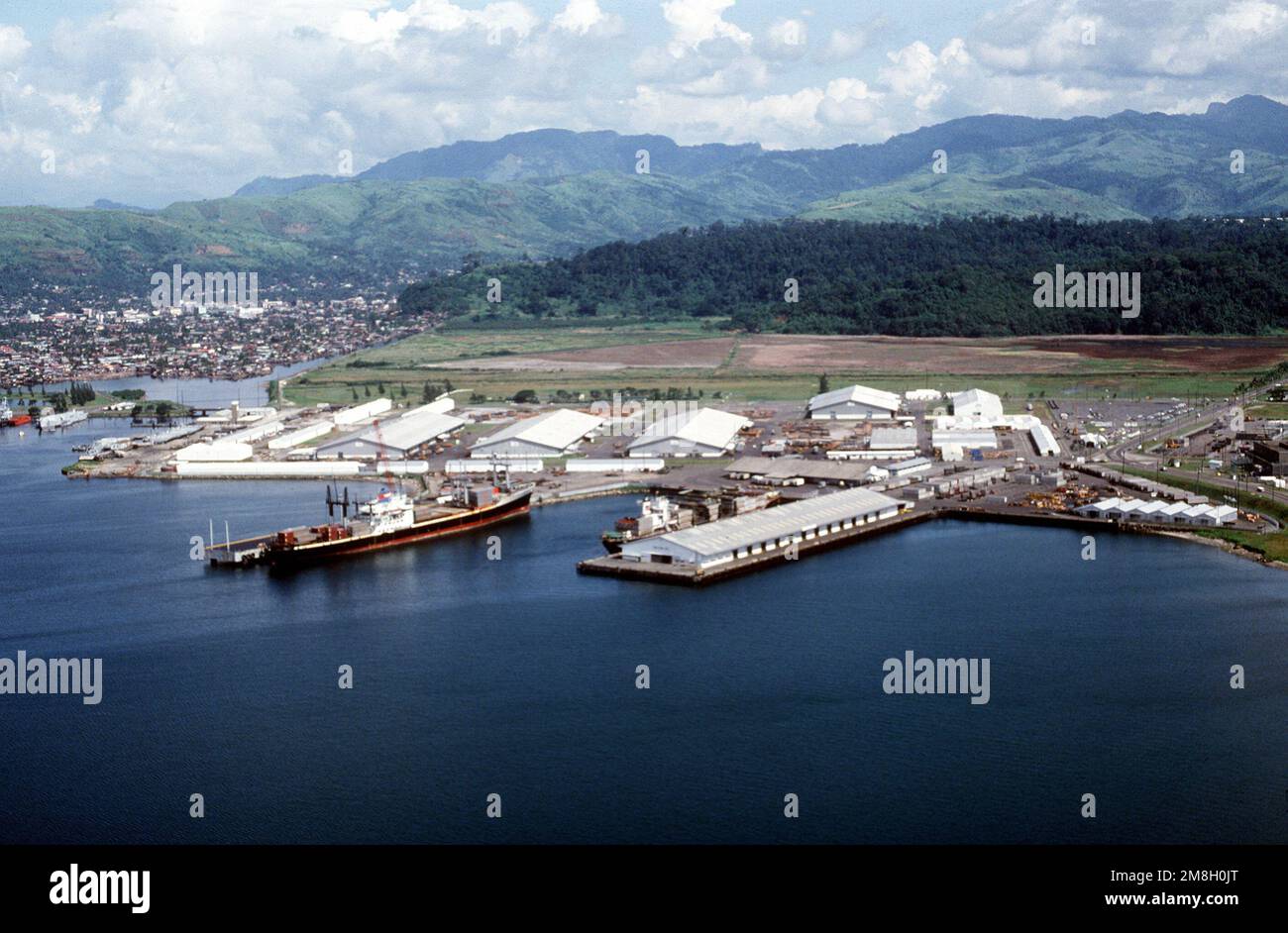 A view of two U.S. merchant ships chartered by the Military Sealift ...