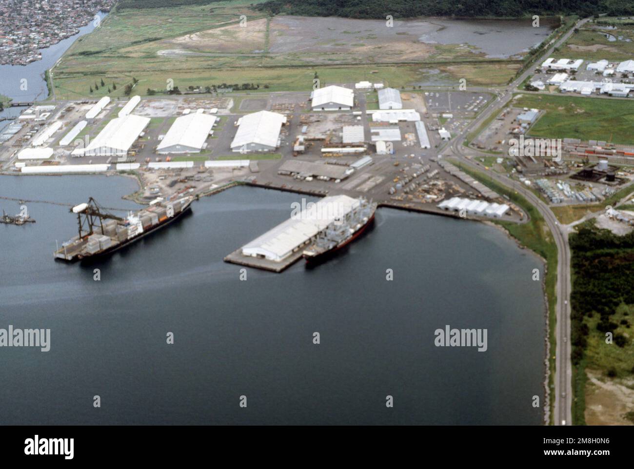 A view of two merchant ships chartered by the Military Sealift Command ...