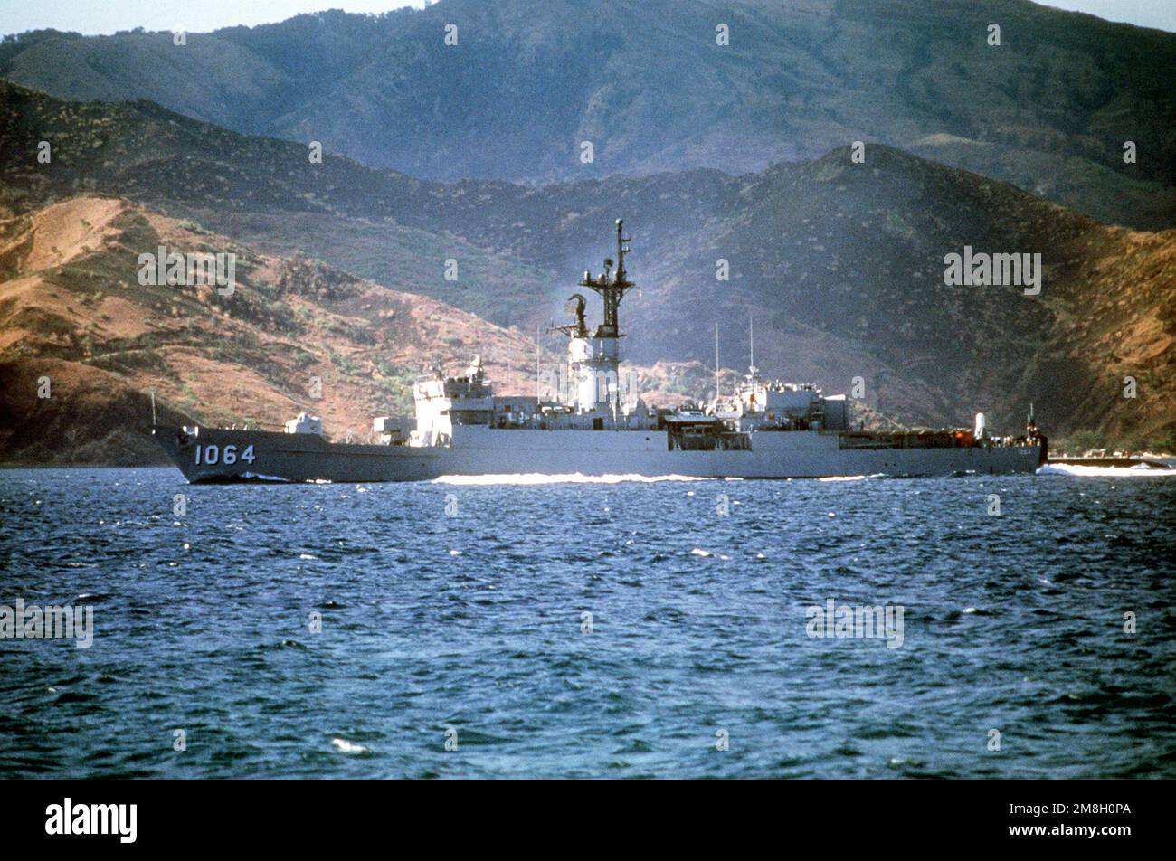 A port bow view of the frigate USS LOCKWOOD (FF-1064) underway. Base ...