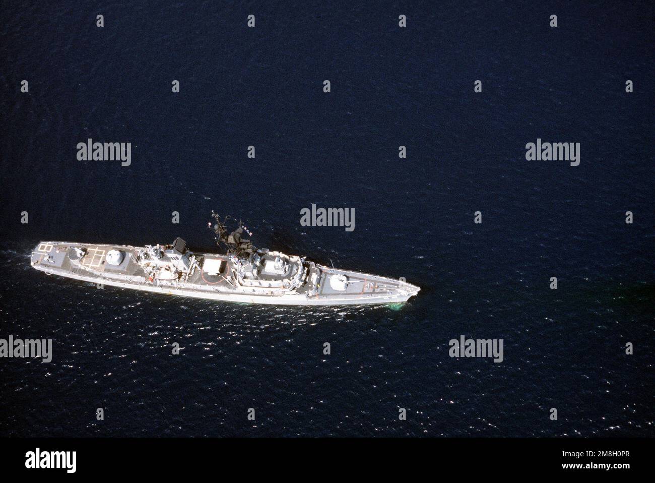 An overhead view of the guided missile destroyer USS BENJAMIN STODDERT ...