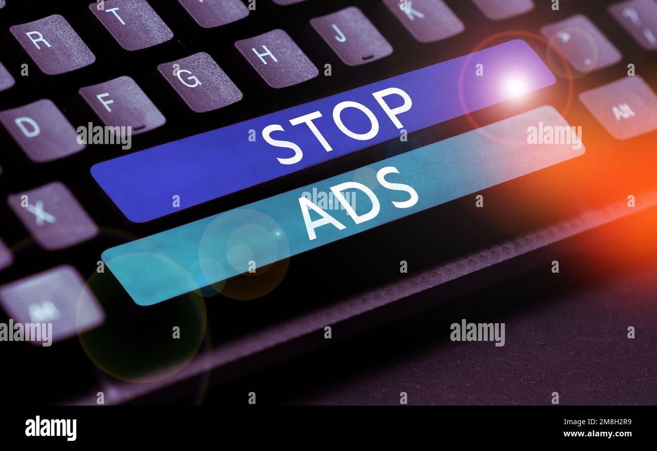 Text caption presenting Stop Ads. Concept meaning program that will ...