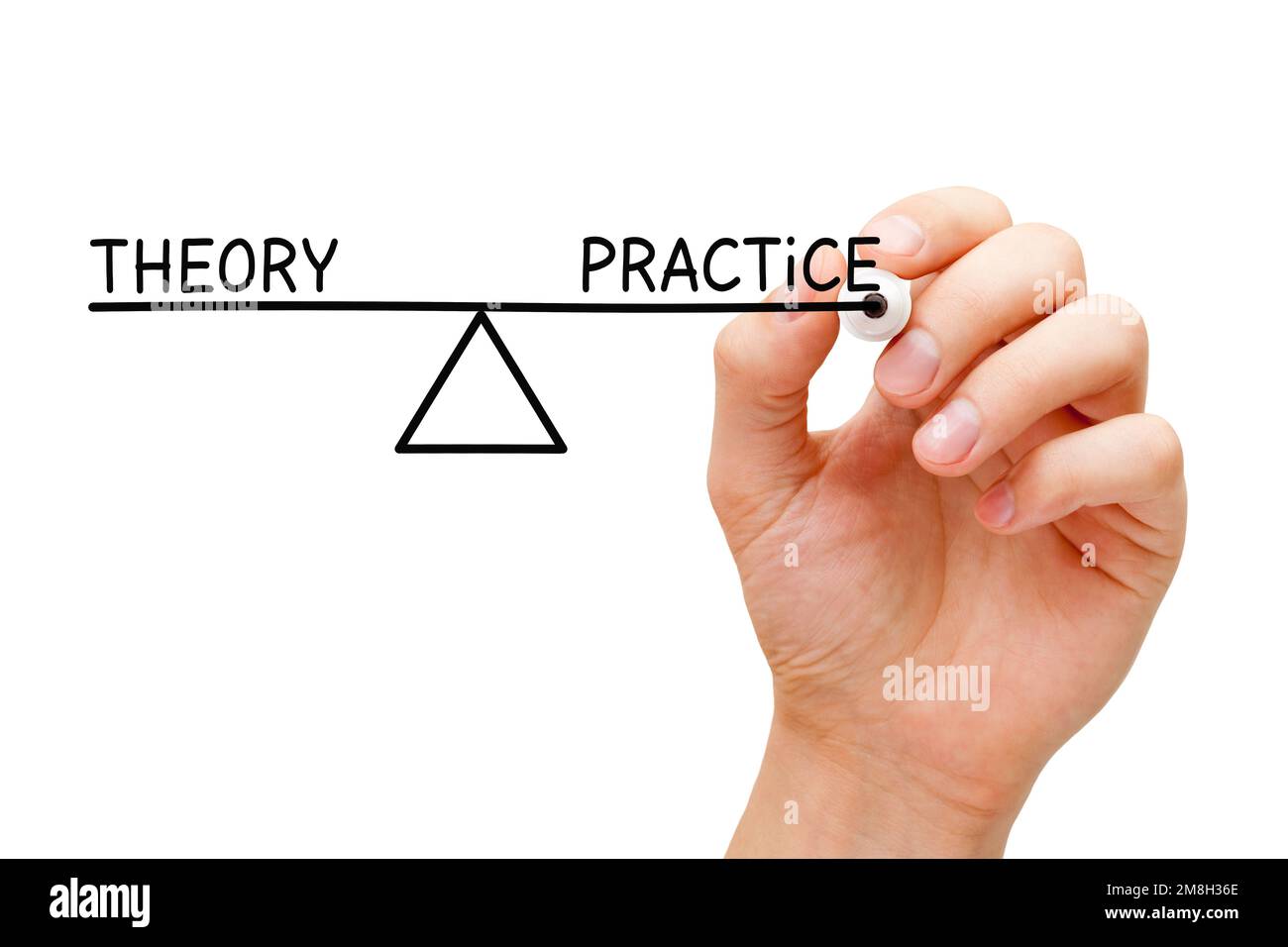 Hand drawing Theory and Practice balance scale concept with marker ...