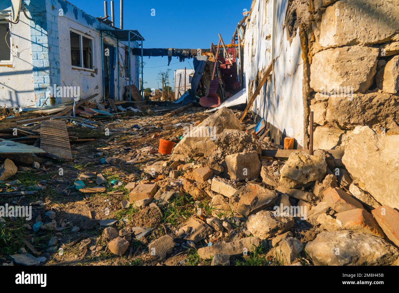 Countryside. Destroyed house after the battle. War in Ukraine. Russian ...