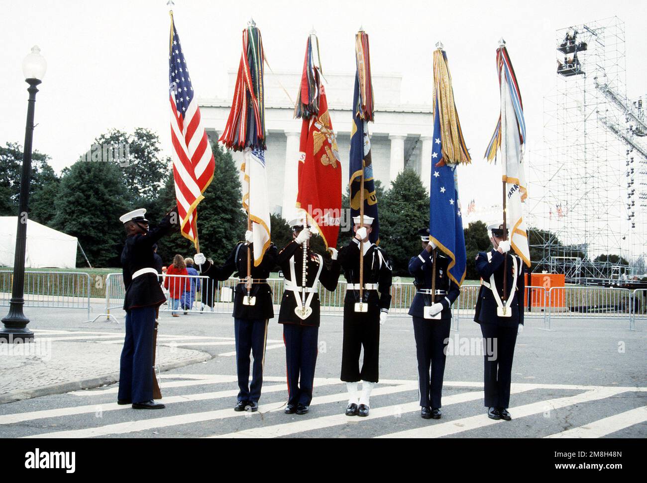 American Reunion on the Mall, joint color guard members line up to ...