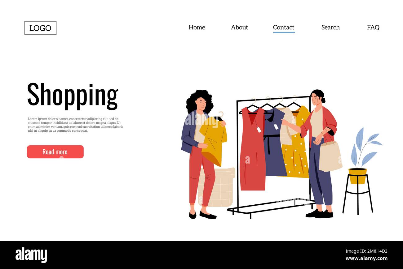 Clothing shop landing page. Female client coming to store, choosing ...