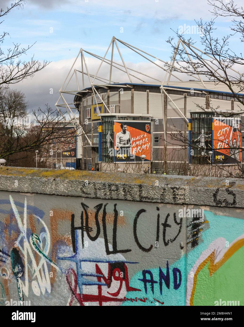 Hull, UK. 14th Jan, 2023. Hull City graffiti on the flyover wall near ...