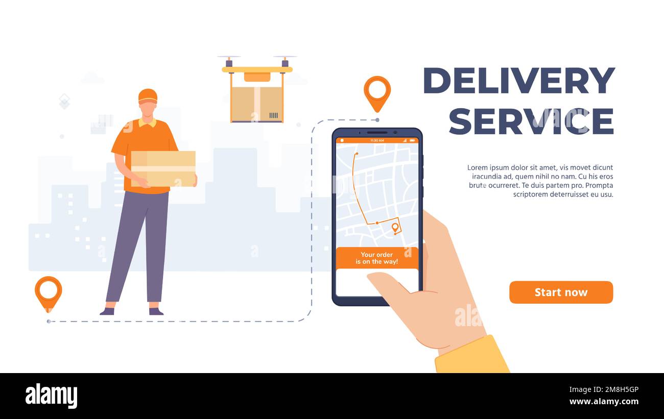 Delivery service application. Man courier in uniform holding box, drone ...