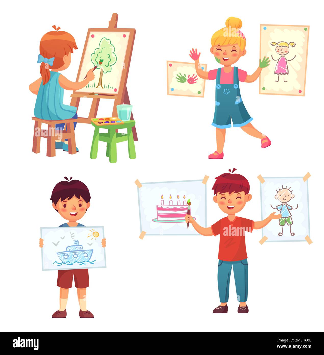 Drawing children, kid illustrator. Chill boys and girls painting and ...