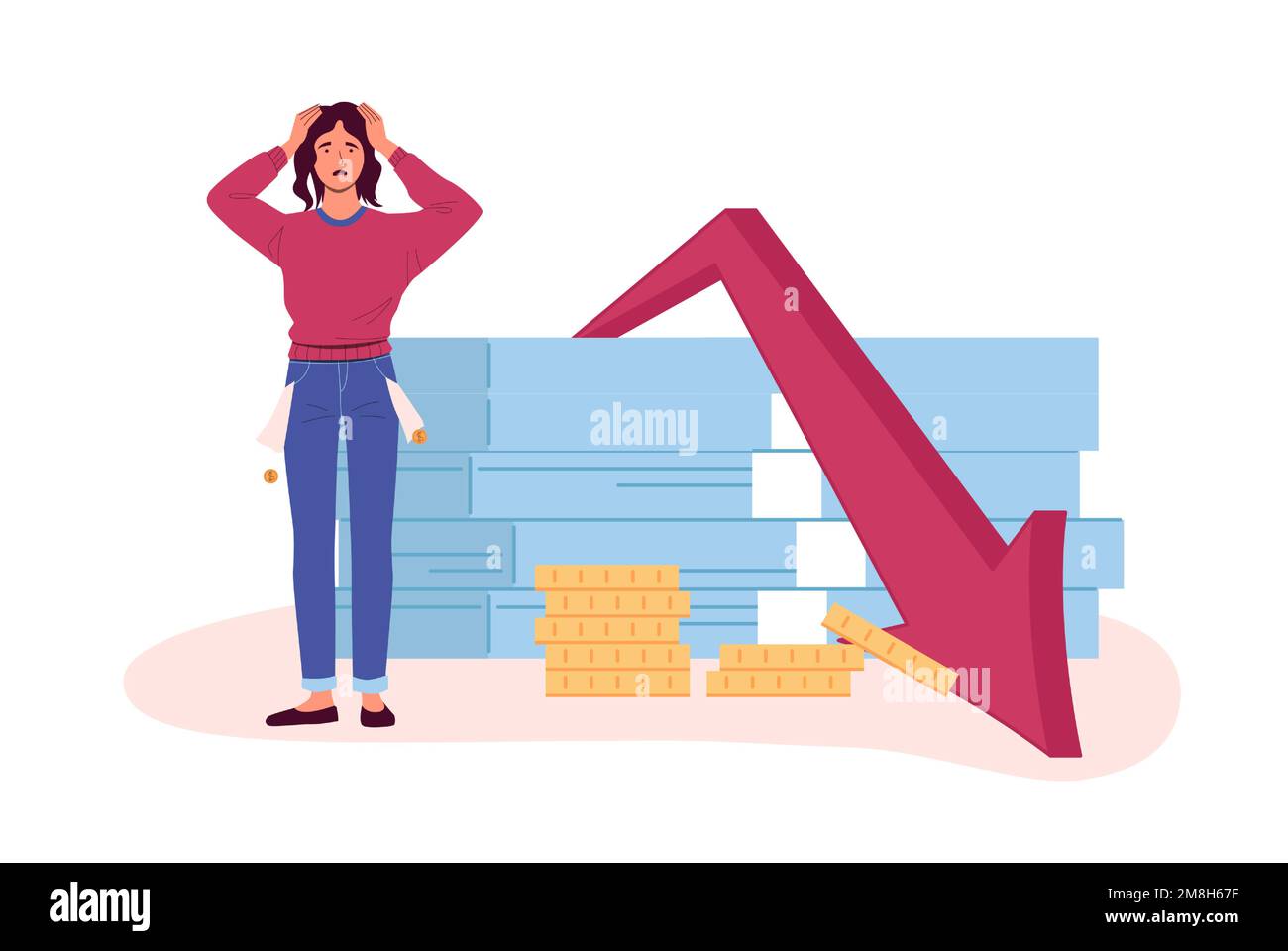 Financial crisis. Poor depressed woman standing near falling arrow and ...
