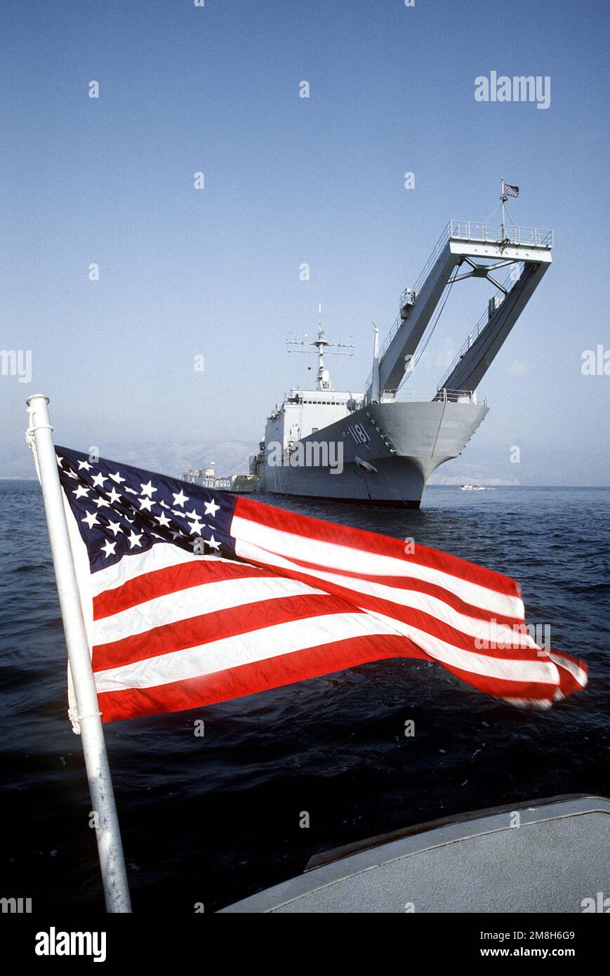 A starboard bow view of the tank landing ship USS SUMTER (LST-1181 ...