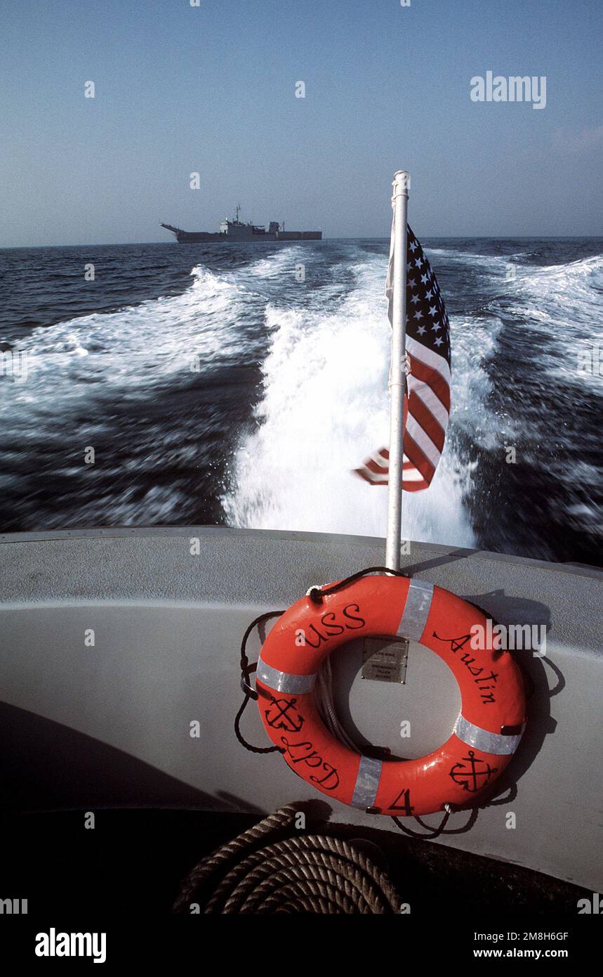 A port view of a Newport class tank landing ship taken from the stern ...