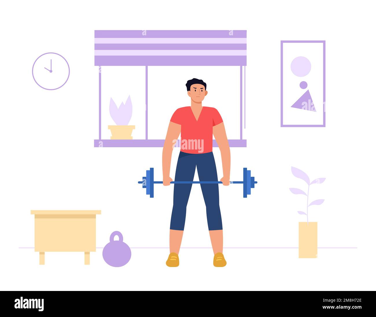 Home exercises. Male character exercising with barbell in living room. Active man athlete ...