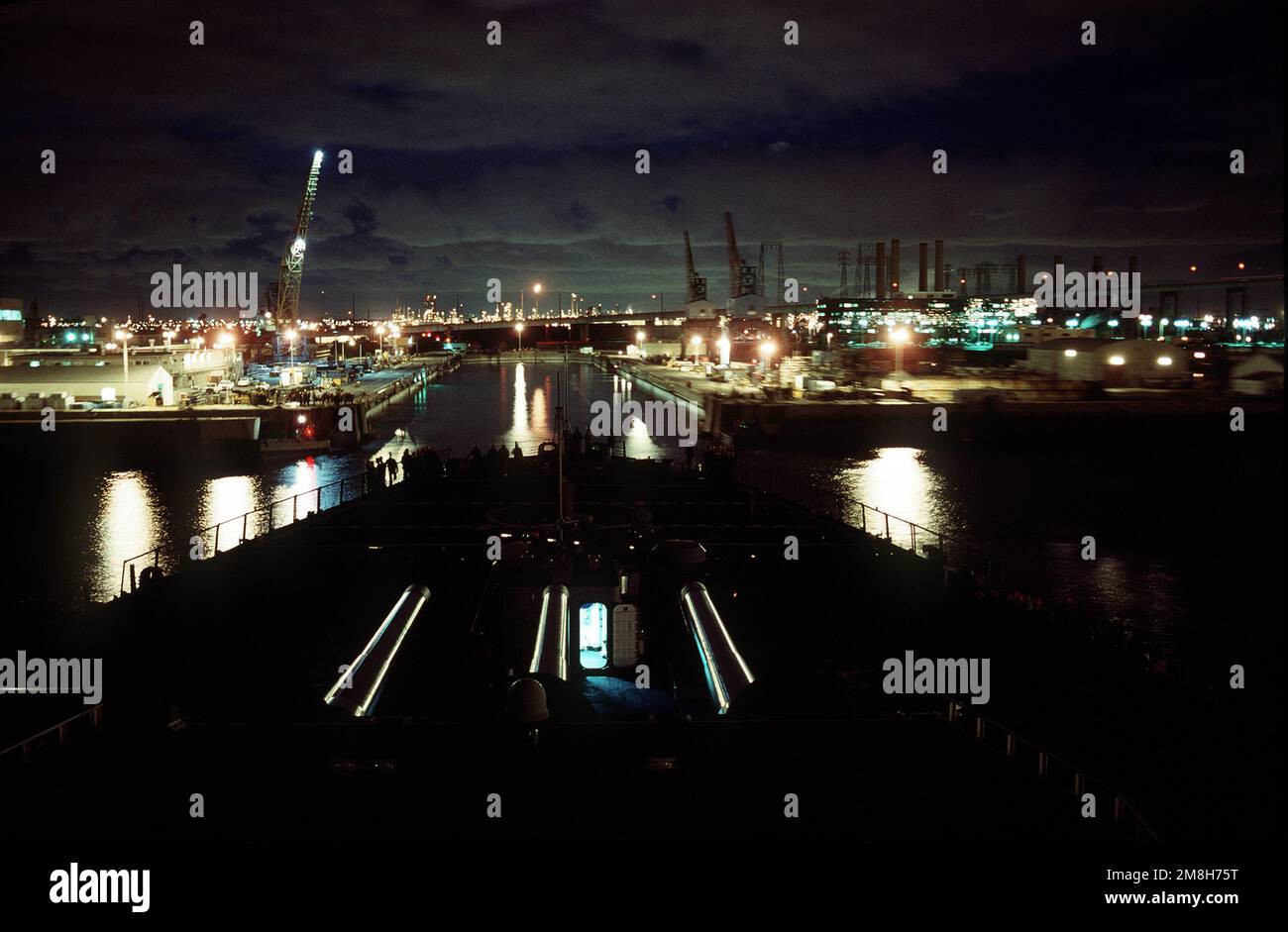A night view of the fantail of the battleship USS MISSOURI (BB-63) as ...