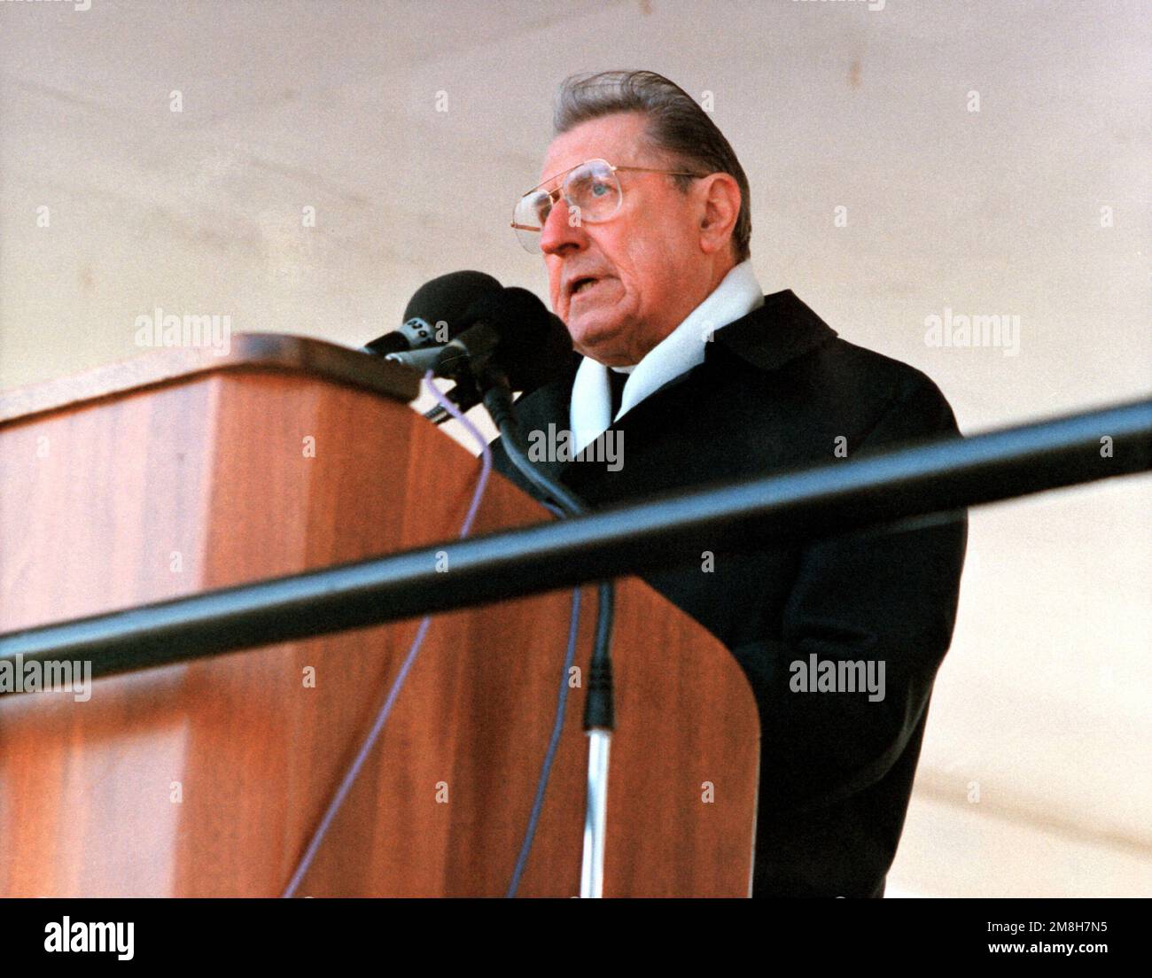 Cardinal John O'Connor speaks during the christening and launching ...