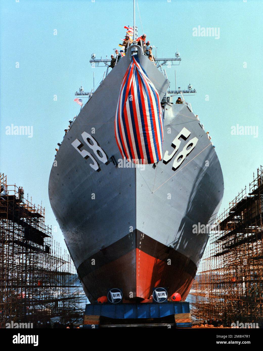 Bunting decorates the bow of the guided missile destroyer LABOON (DDG ...