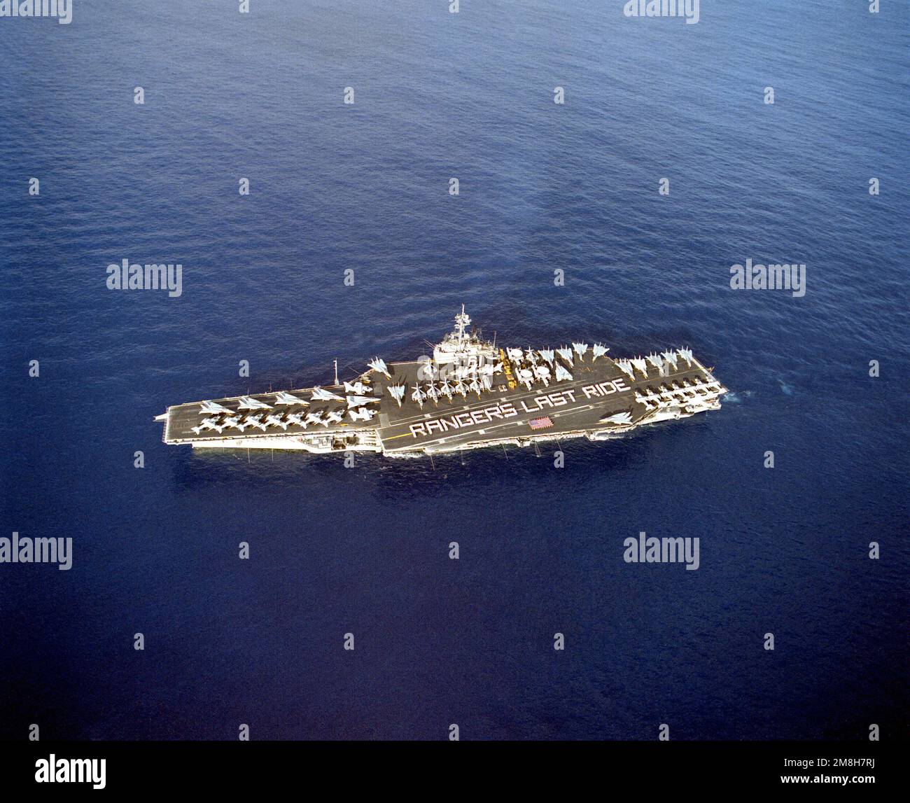 An aerial view of the aircraft carrier USS RANGER (CV-61) underway ...