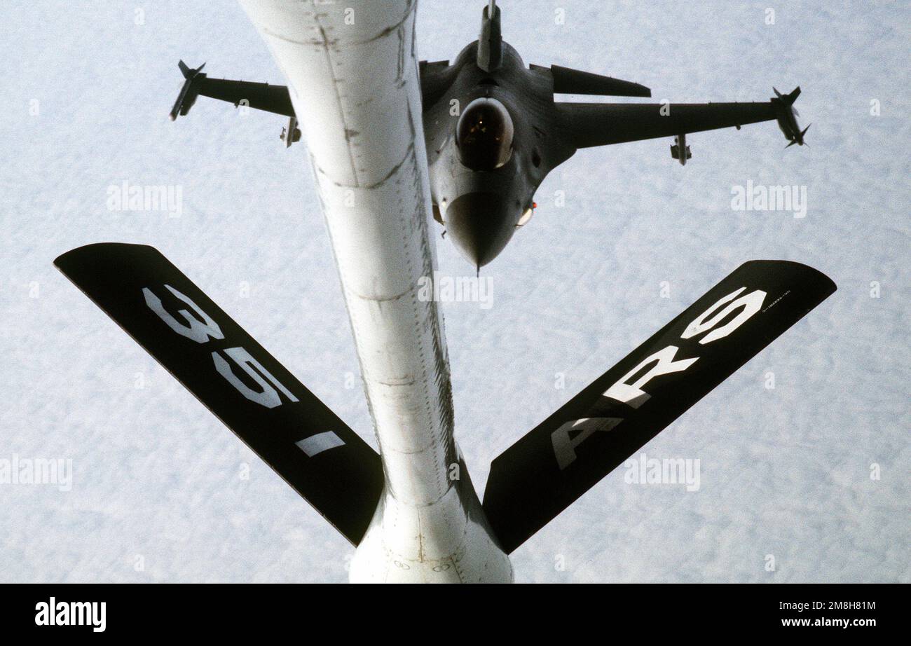 A view from the boom operator's window of a KC-135 Stratotanker aircraft as an F-16C Fighting ...