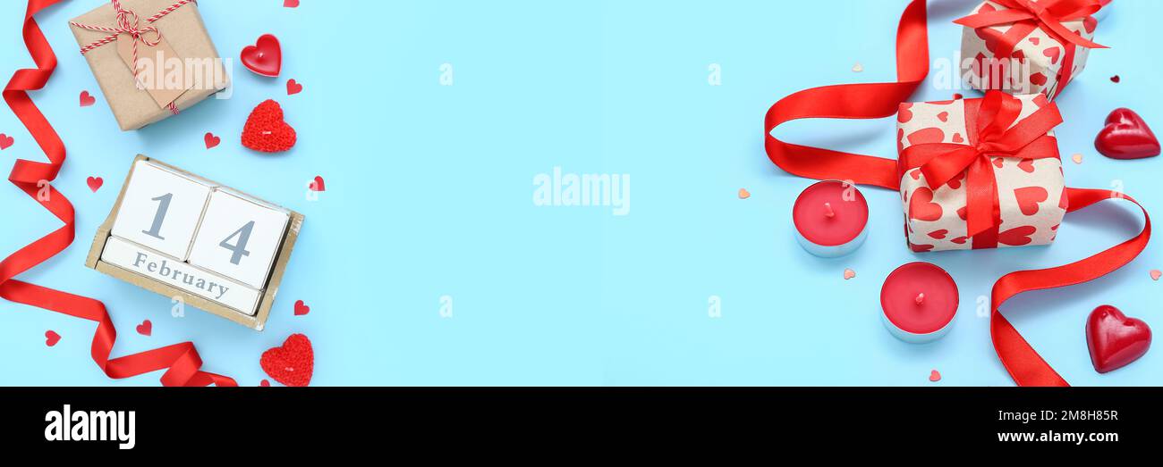 Banner for Valentine's Day with gifts, candles and calendar on light ...