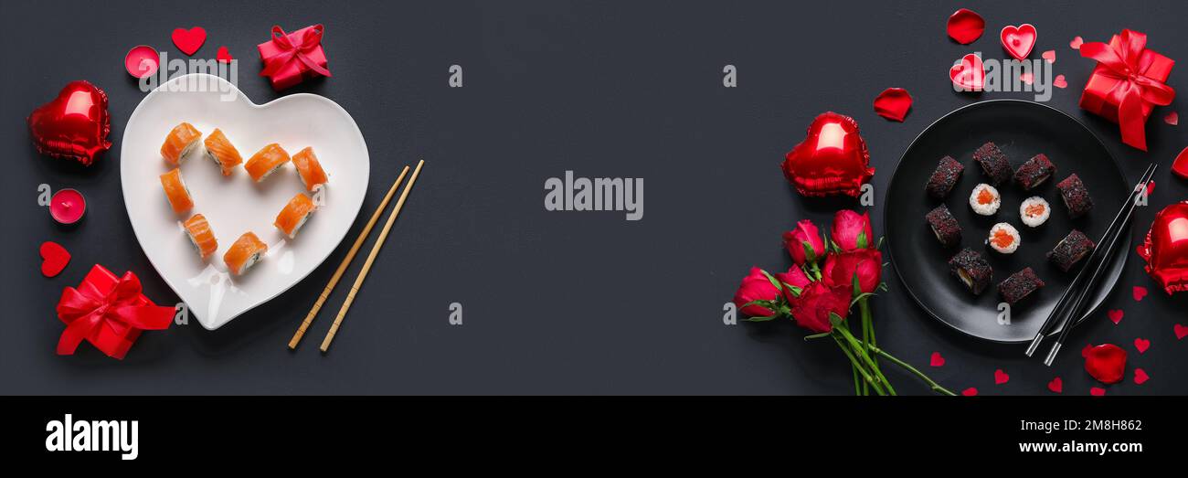 Banner for Valentine's Day with sushi, gifts and flowers on black ...