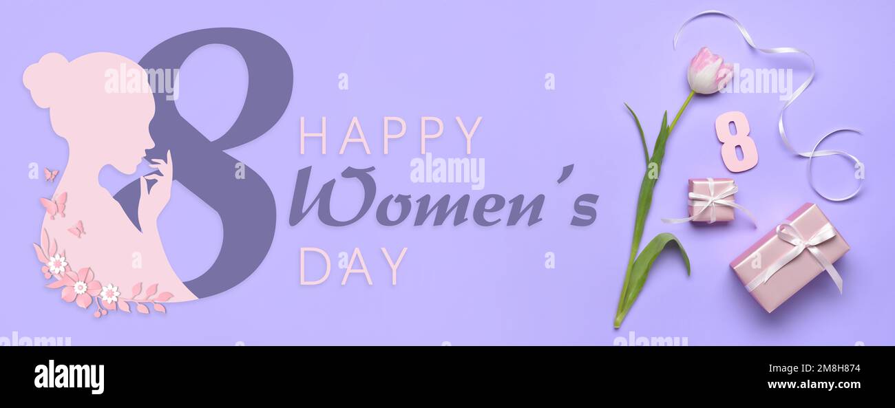 Beautiful greeting card for 8 March with gifts and tulip Stock Photo ...