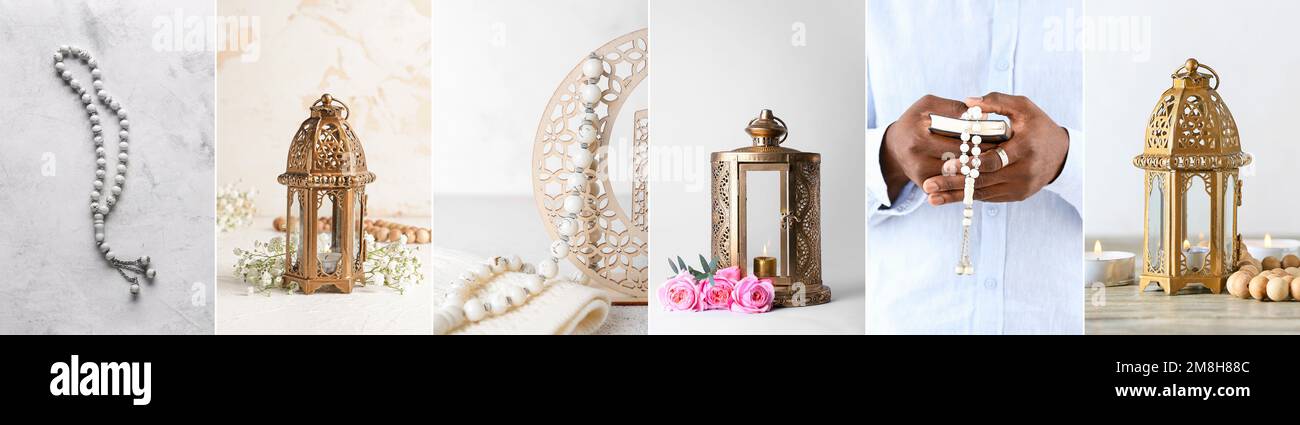 Collage of Muslim lamps with Arabic man, tasbih and Quran on light ...