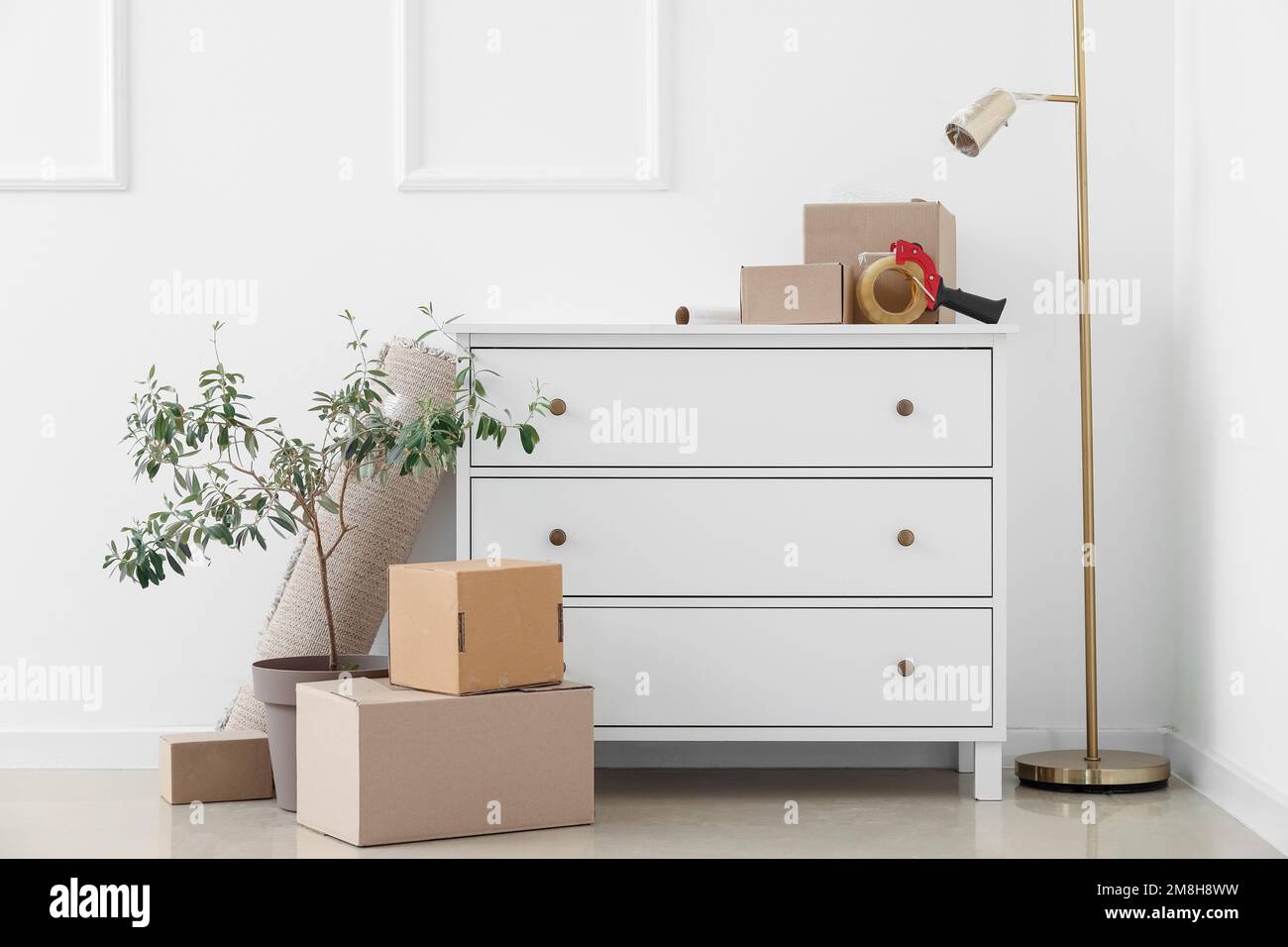 Cardboard boxes with chest of drawers, houseplant and rolled carpet ...