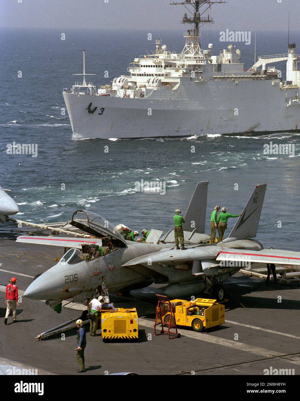 An F-14 Tomcat aircraft of Fighter Squadron 24 (VF-24) is serviced on ...