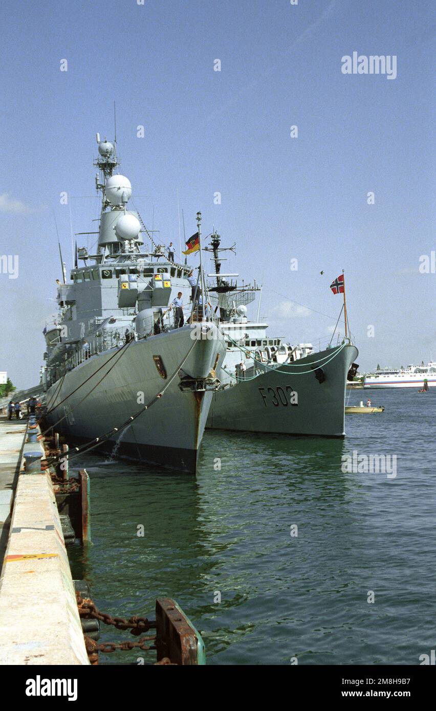 A starboard view of the German frigate FGS LUBECK (F-214) and the ...