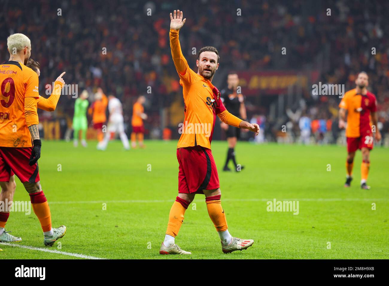 ISTANBUL, TURKEY - JANUARY 13: Juan Mata of Galatasaray celebrates ...