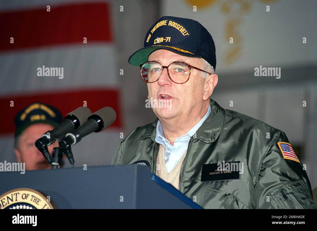 Secretary of Defense Les Aspin addresses the crew of the nuclear ...