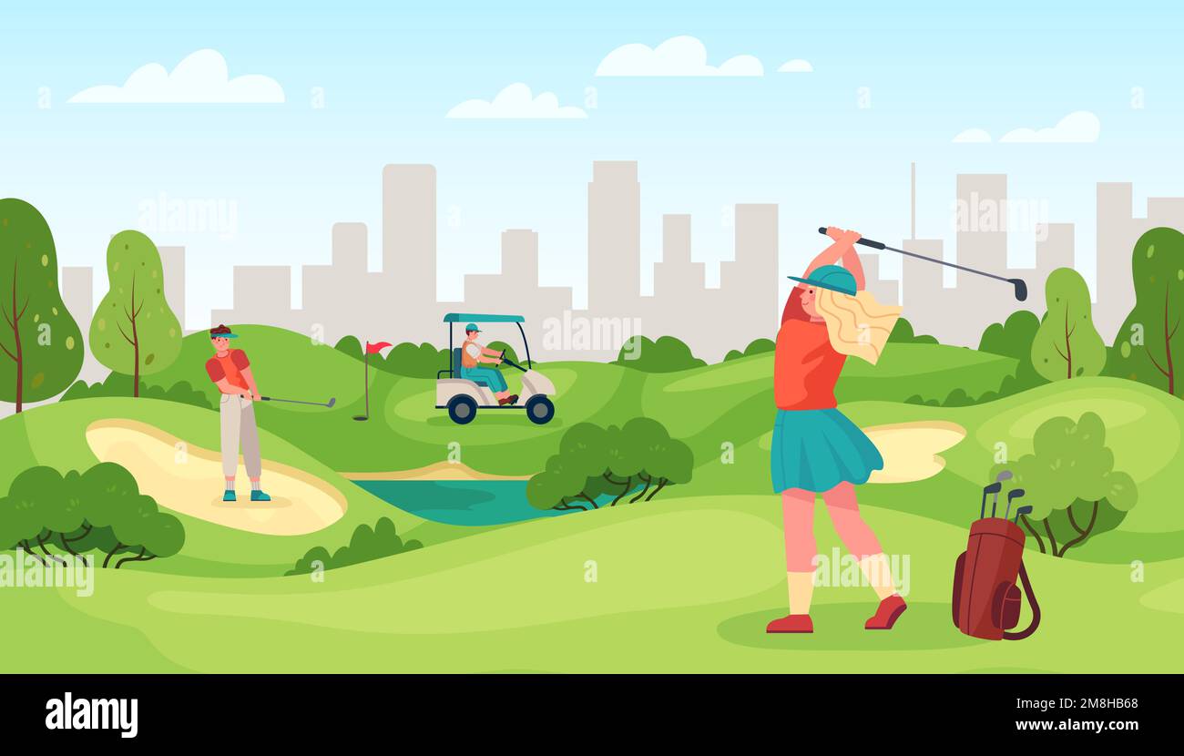 People playing golf. Young female and male friends with professional ...