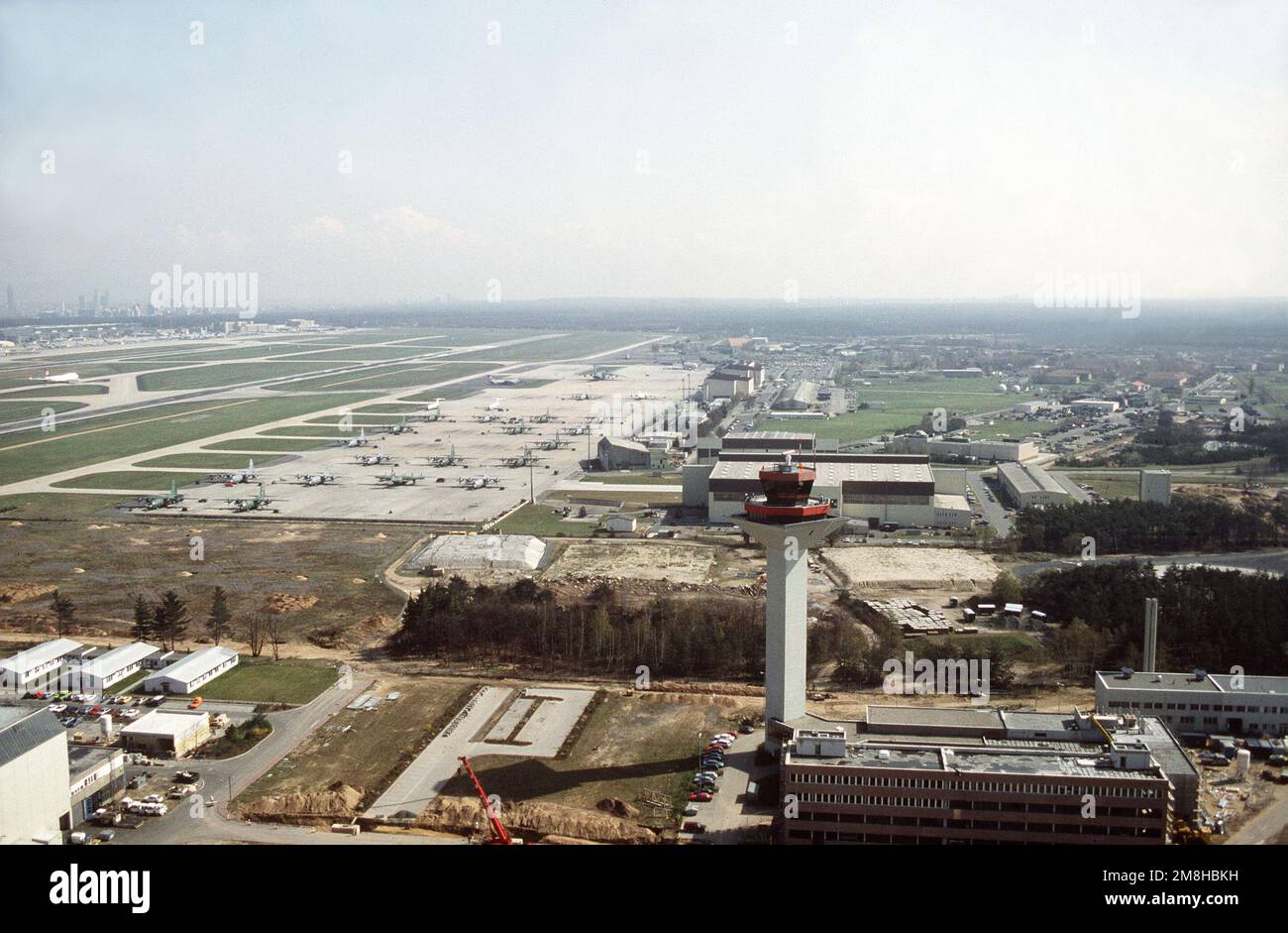 Aerial view showing the C-130 Hercules airdrop aircraft on the Rhein ...