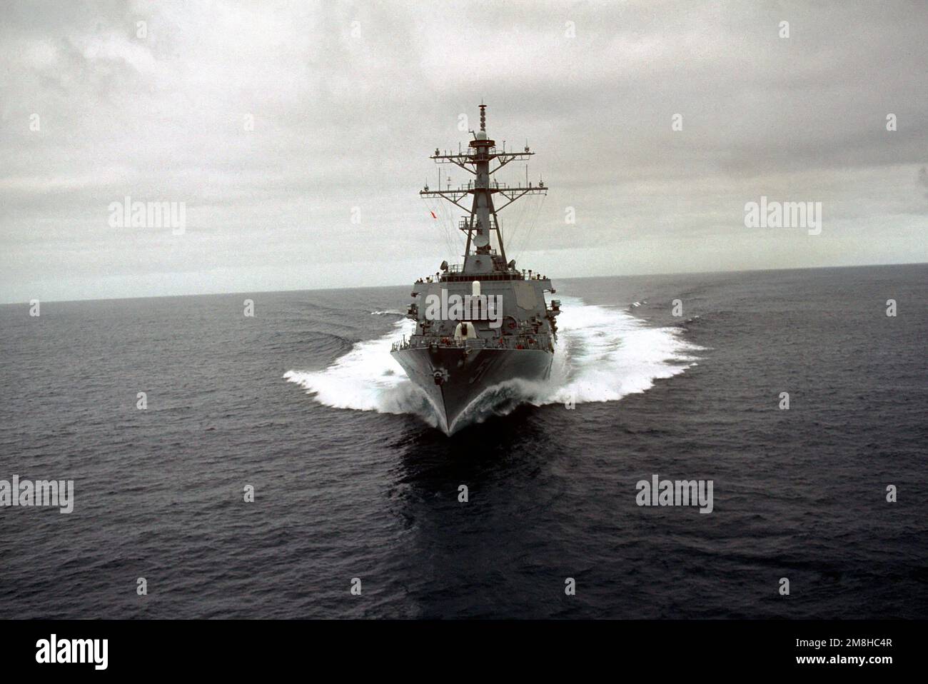 Aerial bow-on view of the guided missile destroyer USS ARLEIGH BURKE ...