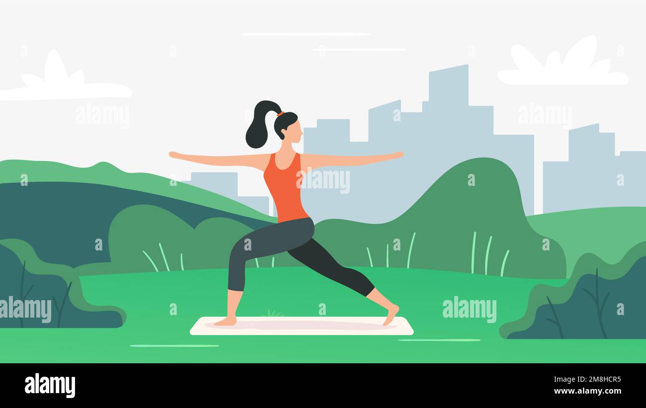 Yoga exercise on nature. Woman doing sport outdoor on mat. Young female ...