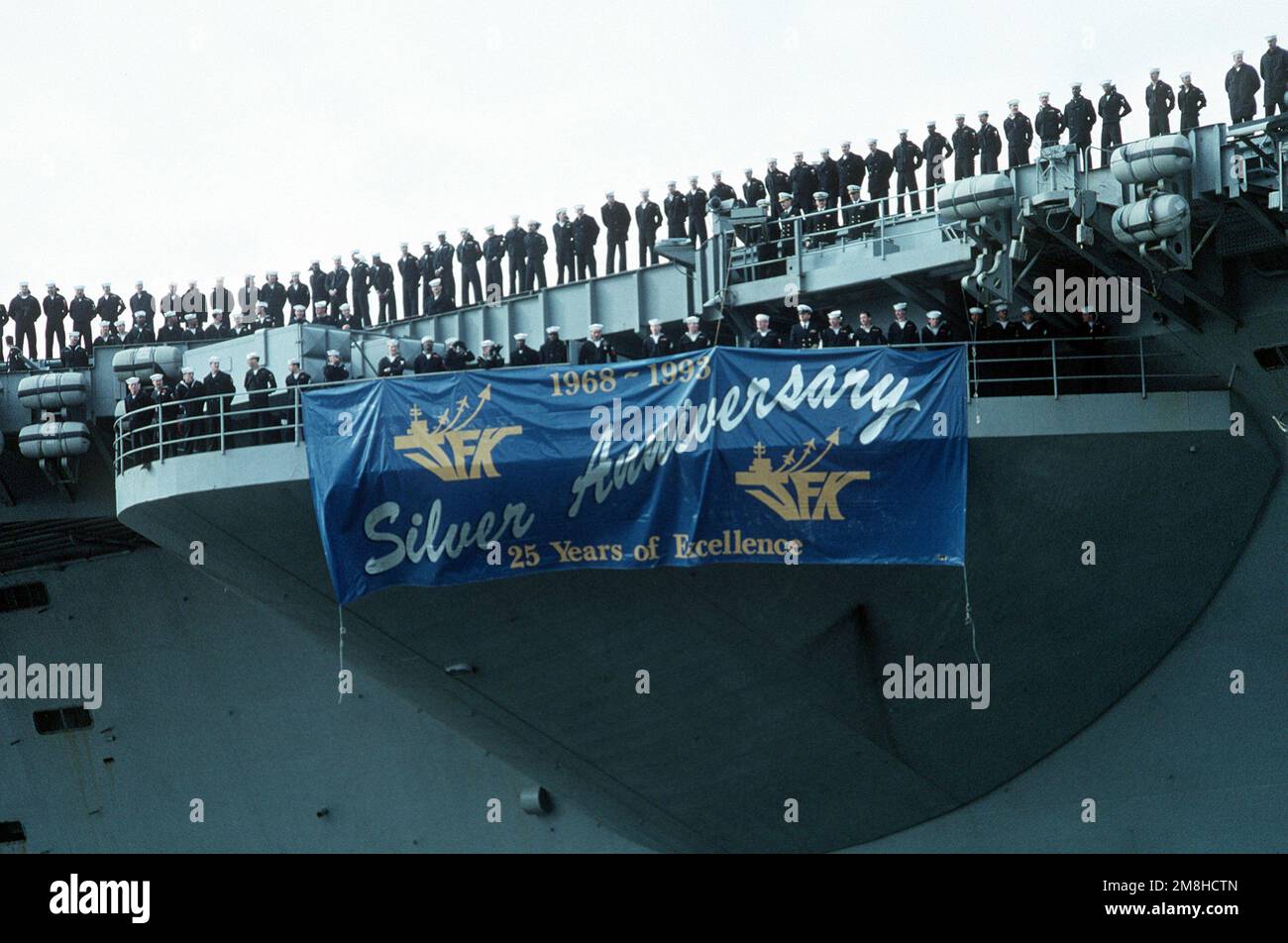 A close-up view of the banner hanging from the starboard bow missile ...
