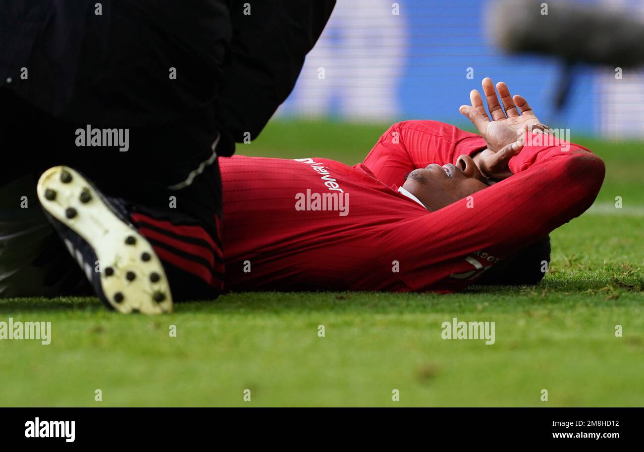 Manchester United's Marcus Rashford appears injured during the Premier ...