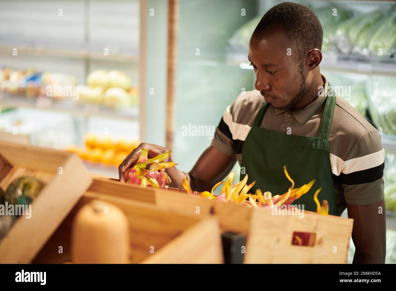 Serious grocery store worker putting box of dragon fruits on shelf ...