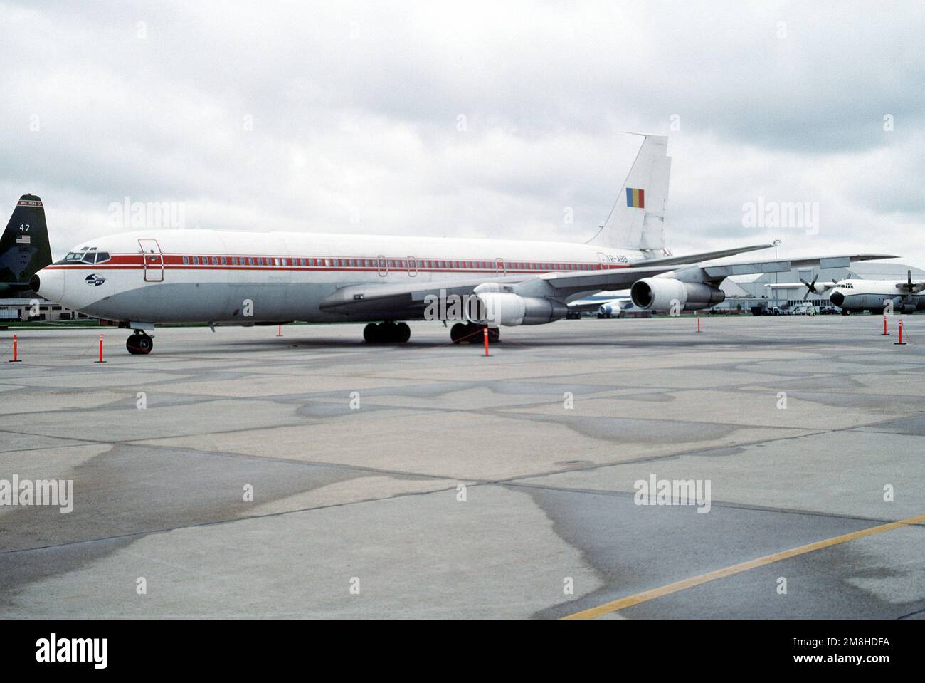 A left side view of the Boeing 707 aircraft of the Romanian airline ...