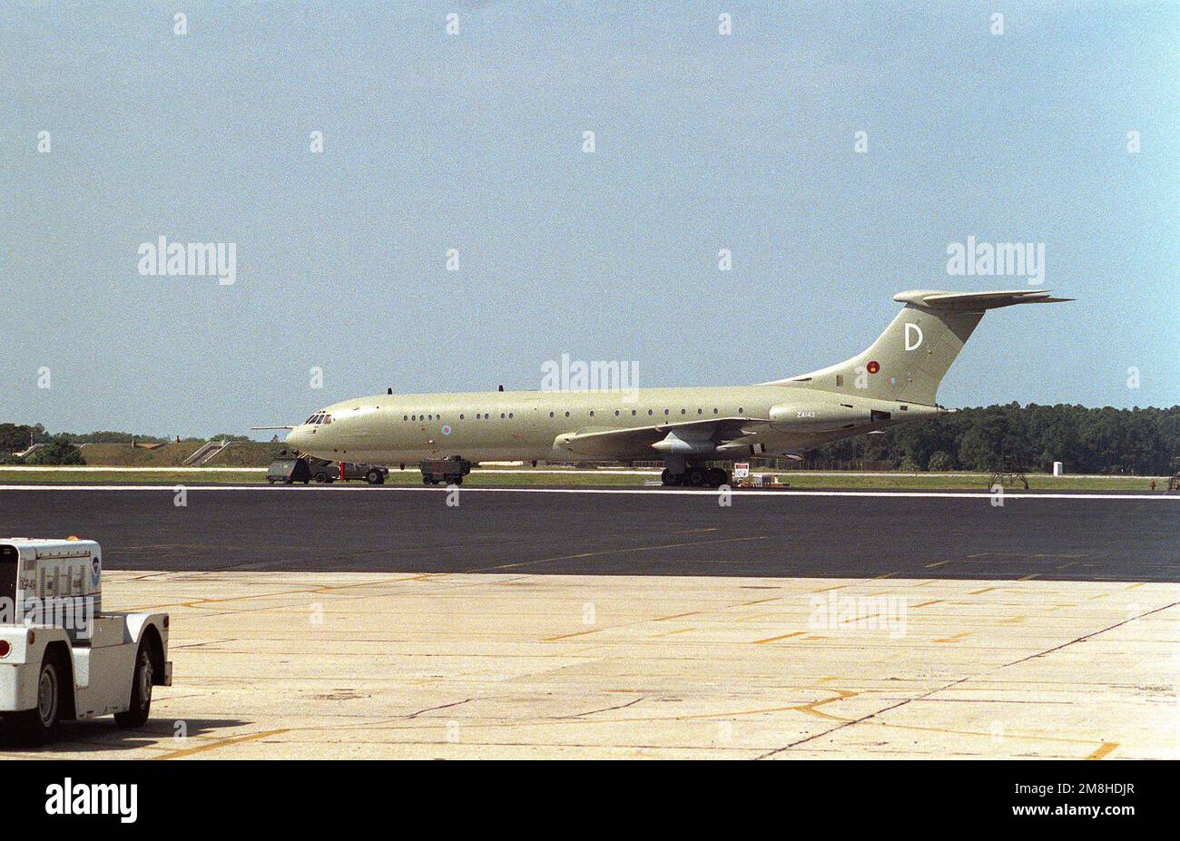 A left side view of a British Royal Air Force VC-10 aircraft parked on ...