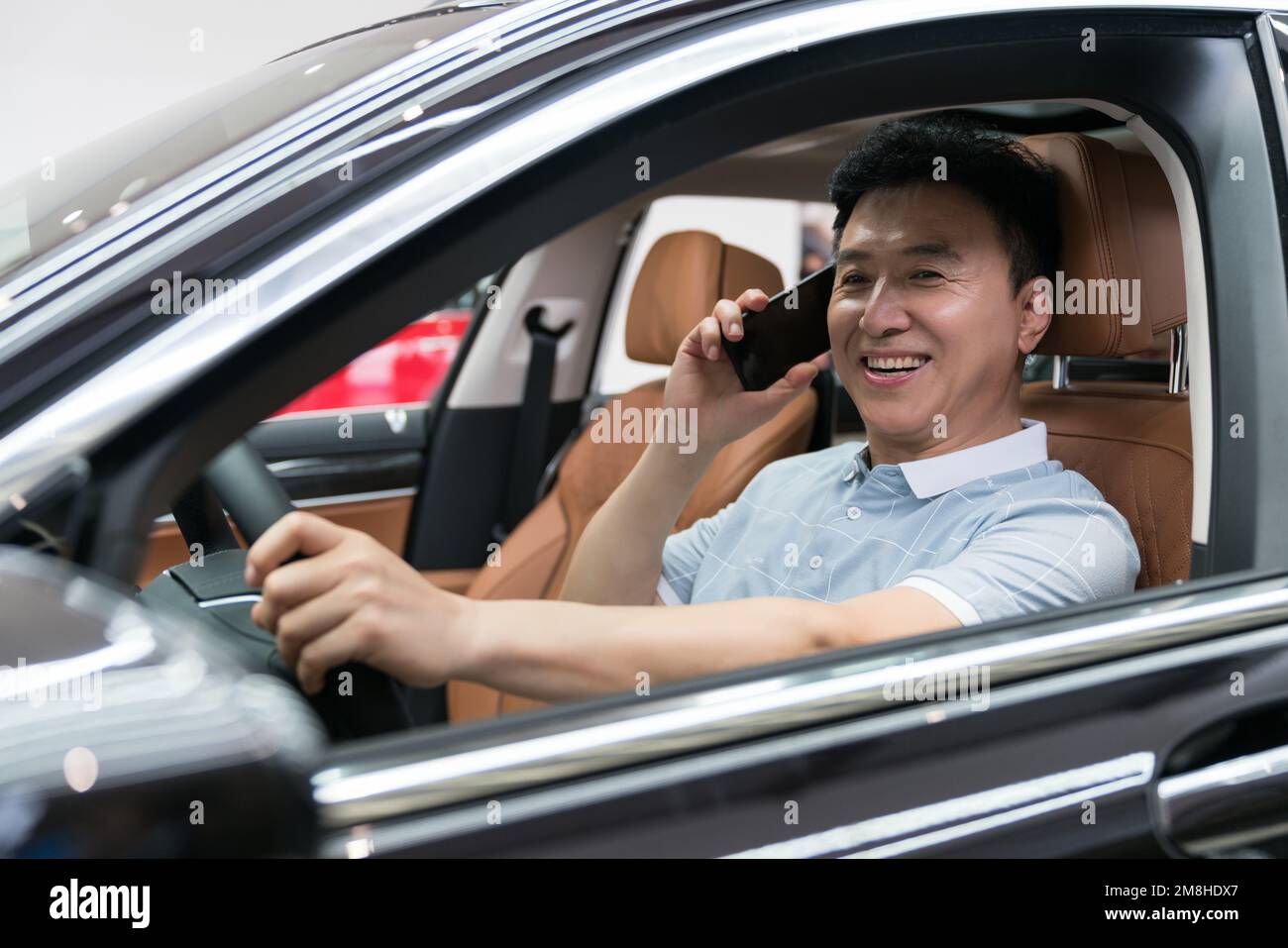 Business man in the car to use mobile phones Stock Photo - Alamy