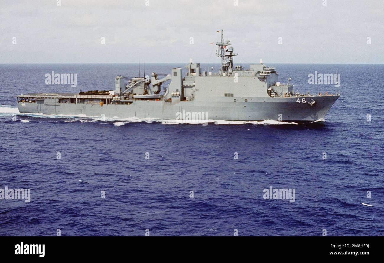 A starboard bow view of the dock landing ship USS TORTUGA (LSD-46 ...