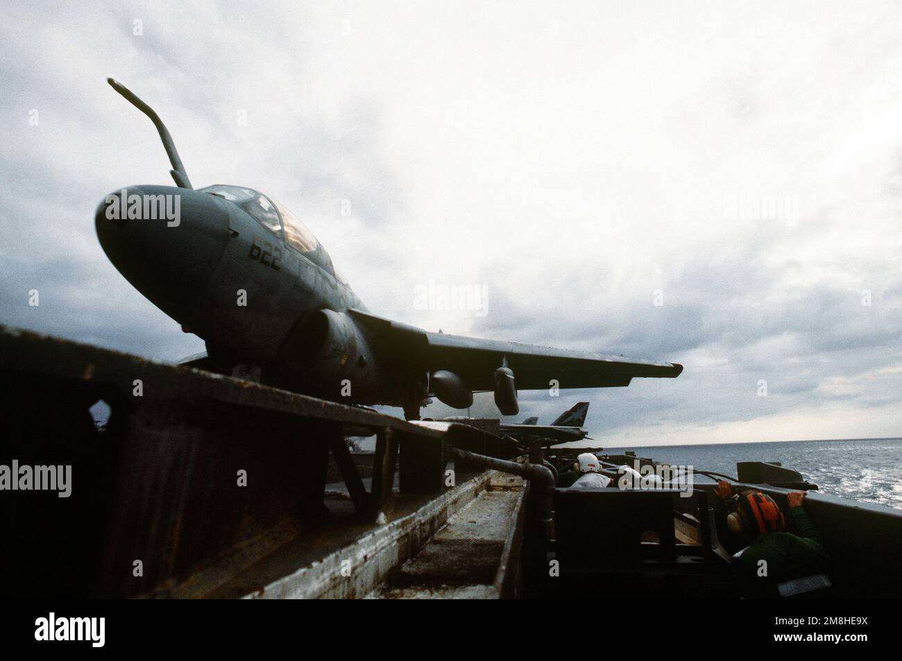 A EA-6B Prowler aircraft is prepared for launch from the aircraft ...