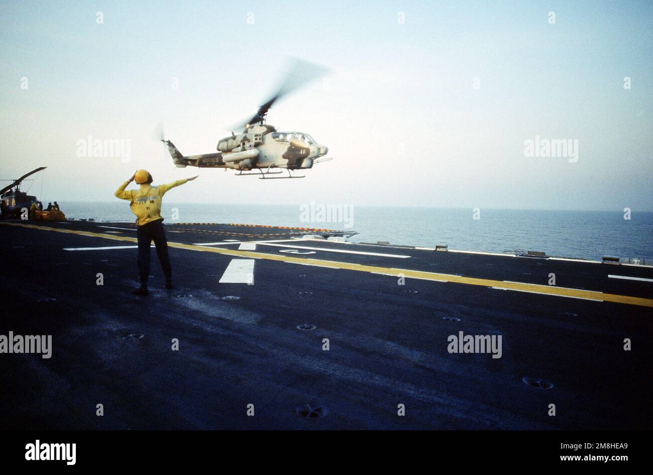 A plane director signals directions to the pilot of an AH-1W Sea Cobra ...