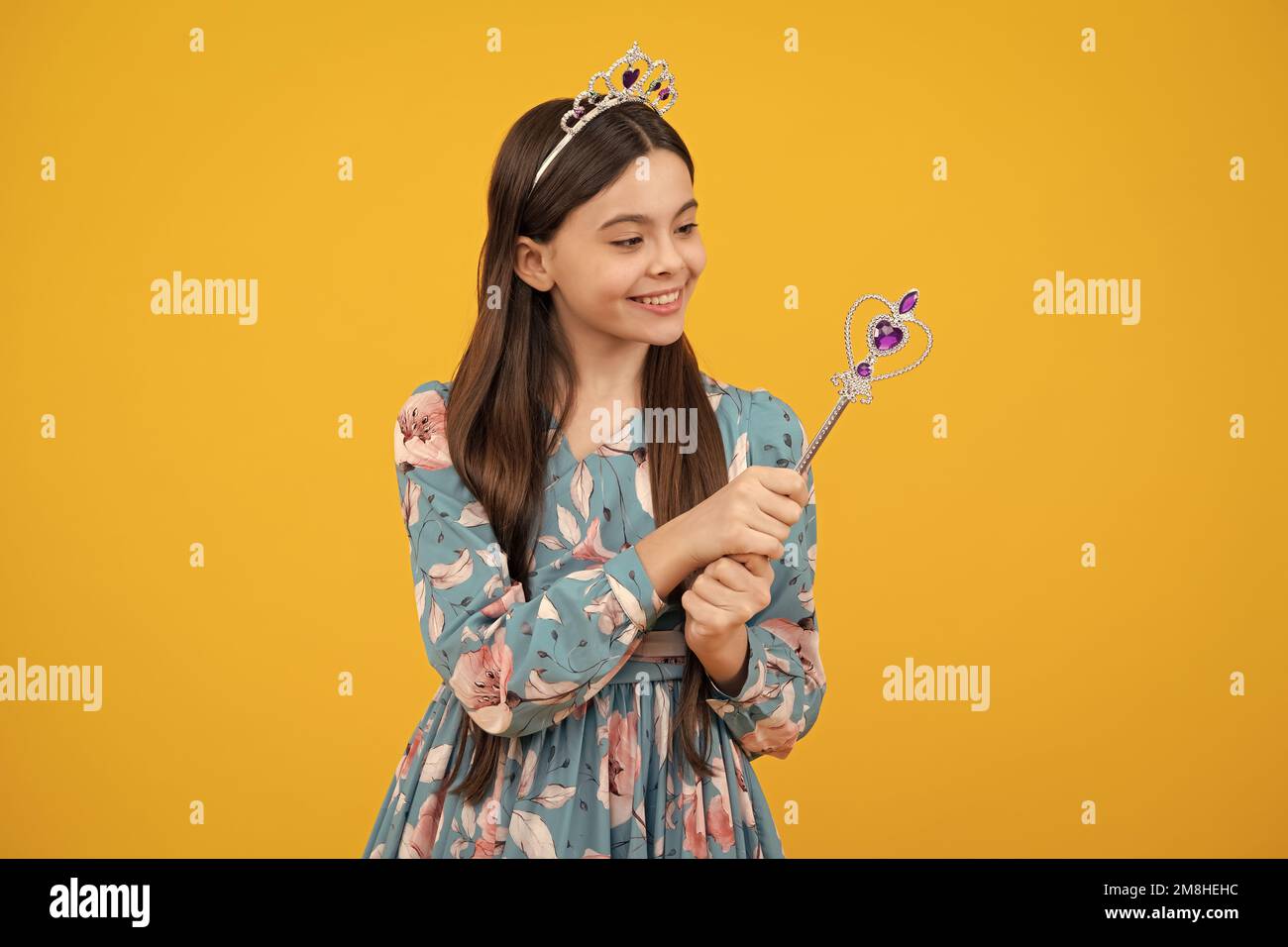 Teenage girl kid princess on yellow background. Romantic wonderland ...