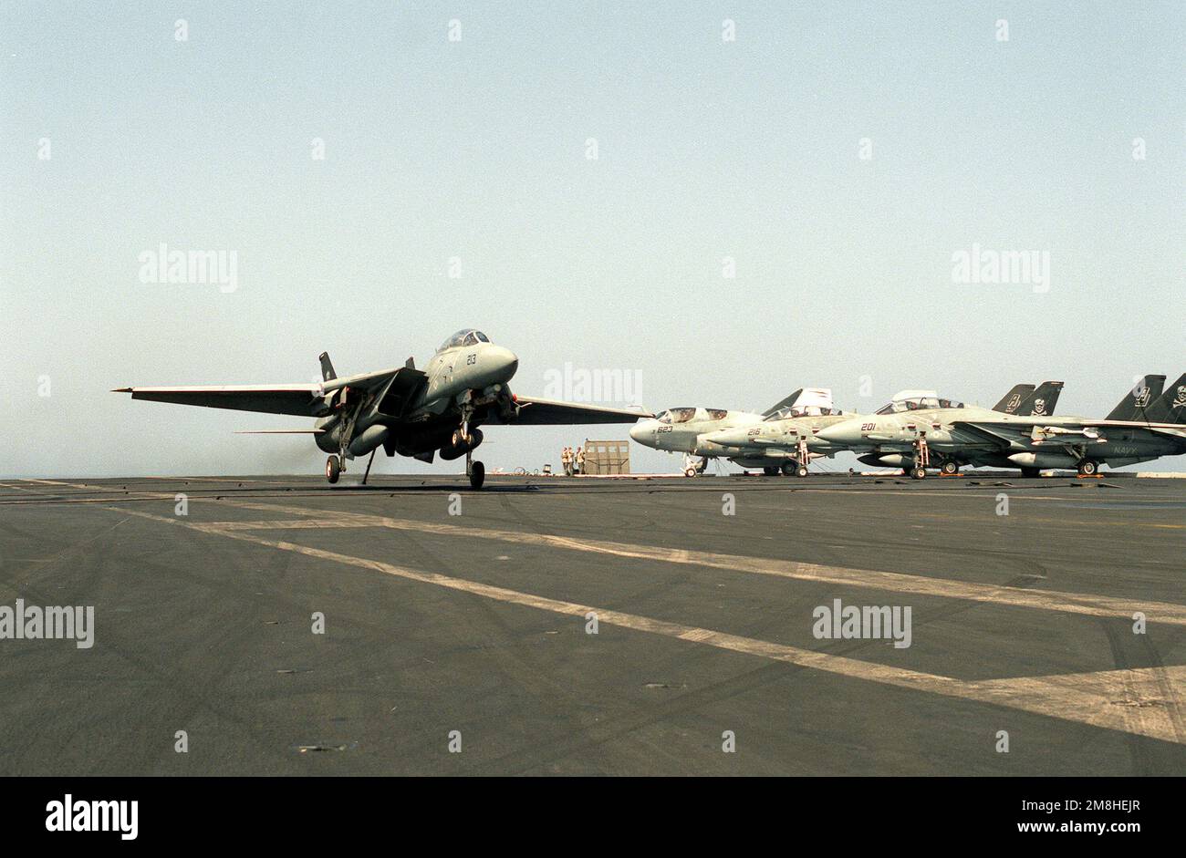 A Fighter Squadron 84 (VF-84) F-14A Tomcat aircraft lands on the ...
