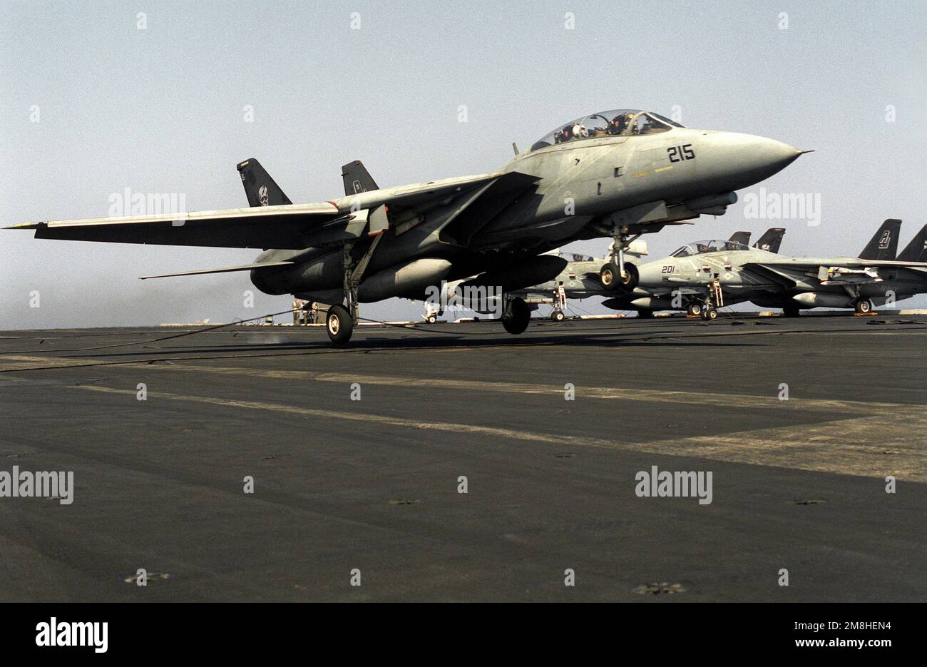 A Fighter Squadron 84 (VF-84) F-14A Tomcat aircraft lands on the ...