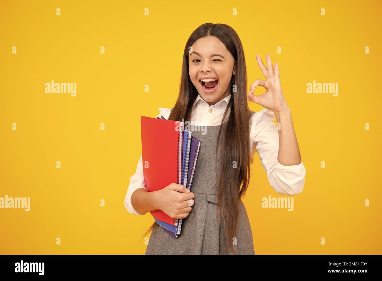 Excited face. Schoolgirl with copy book posing on isolated background ...