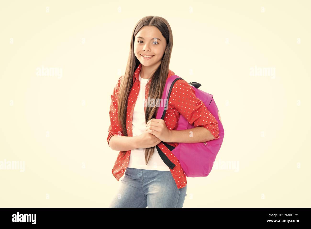 School teen girl in with backpack. Teenager student on white isolated ...